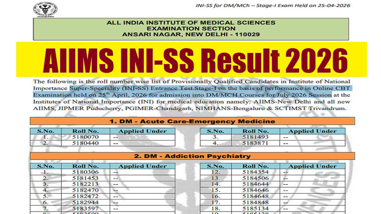 AIIMS INI-SS result 2026 released at aiimsexams.ac.in, direct link to ...