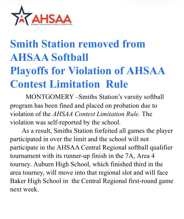 Smiths Station softball removed from playoffs; Auburn advances to regionals