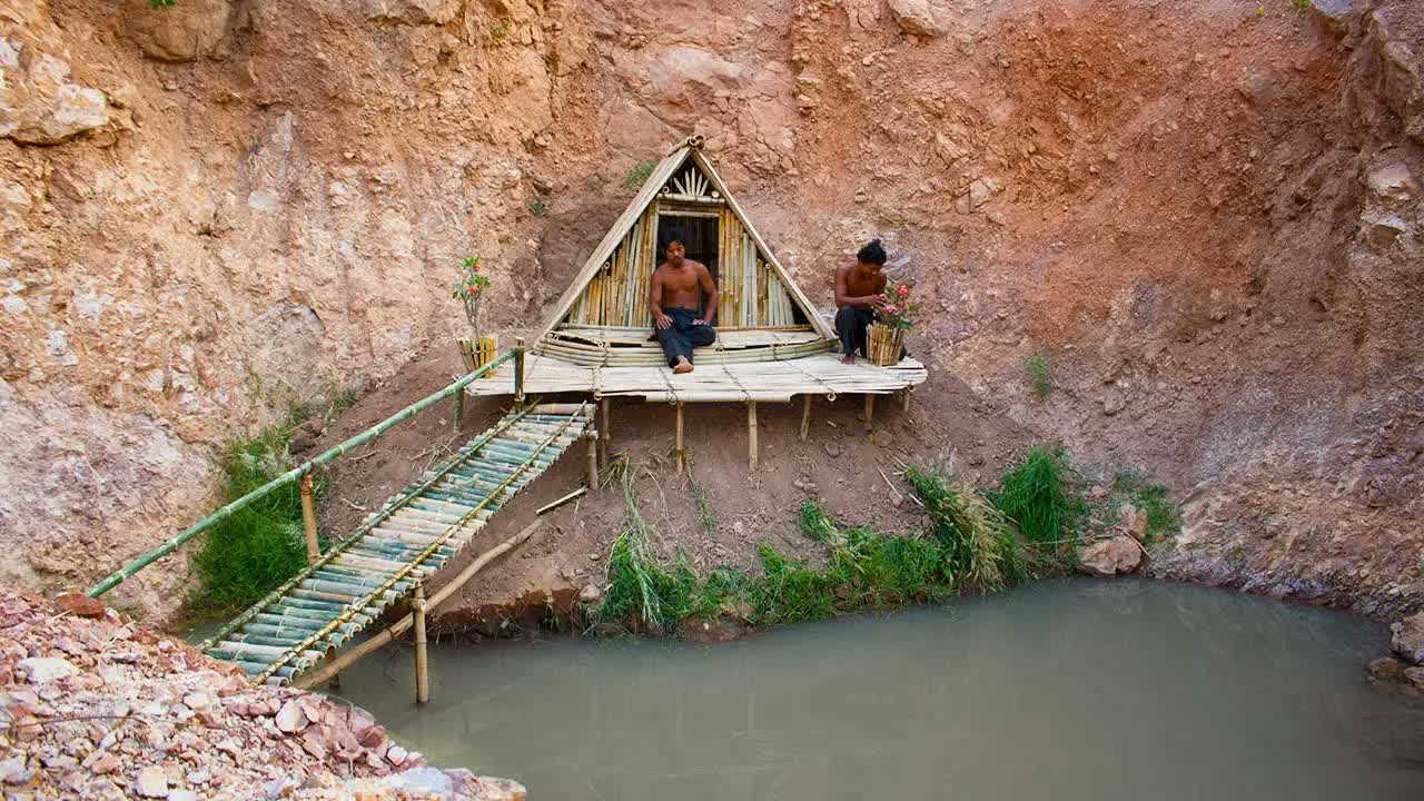 They built a bamboo cliff house beside a natural pool like jungle ...
