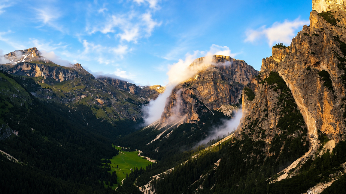 Massive cliffs rising above the hidden valley