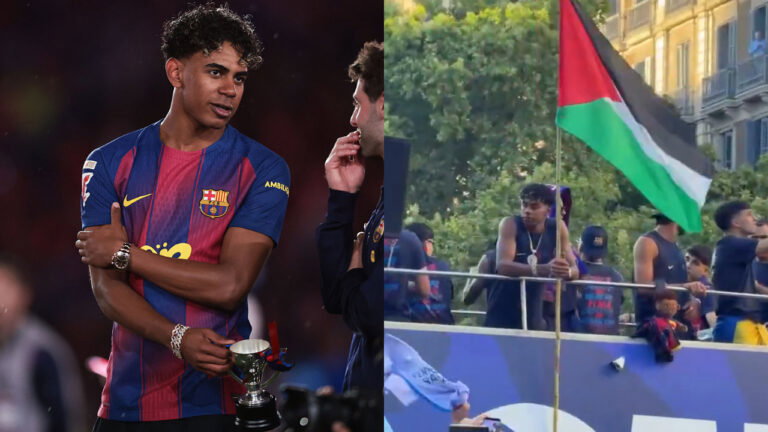 Barcelona-speler Lamine Yamal wappert met Palestijnse vlag tijdens ...