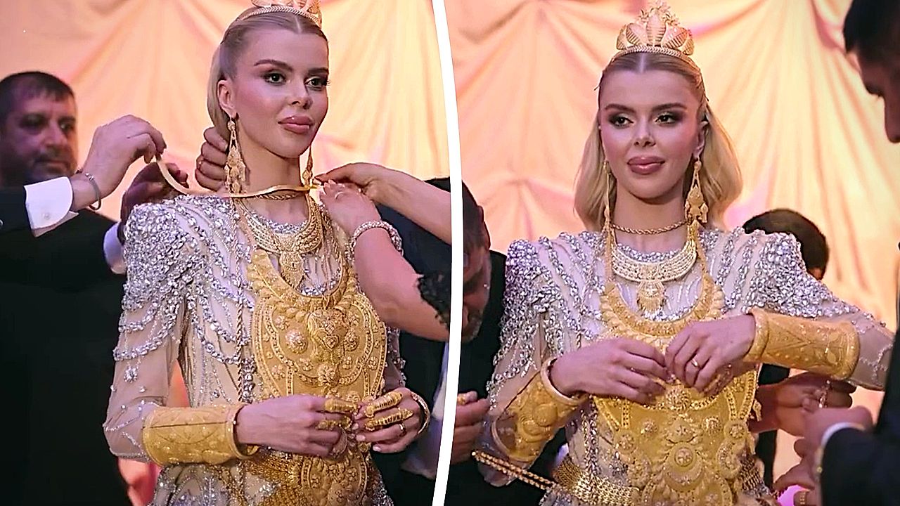 Bride struggles to move under weight of gold at extravagant engagement ...