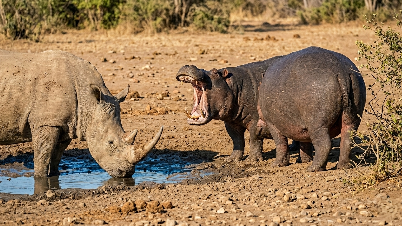 This hippo wanted to enter the water - but the rhino had other plans