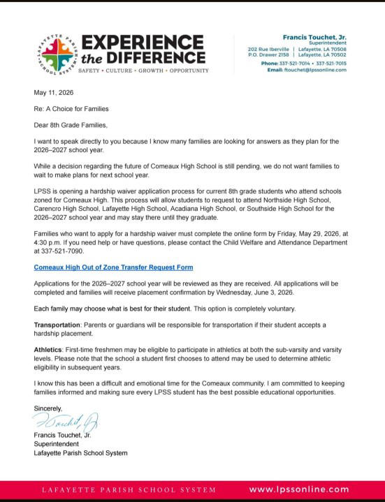 LPSS letter to parents of Comeaux-bound students gives option to enroll ...