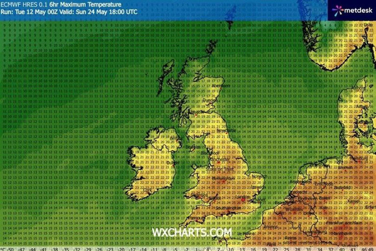 UK weather maps show Gloucestershire facing 25C heatwave in May