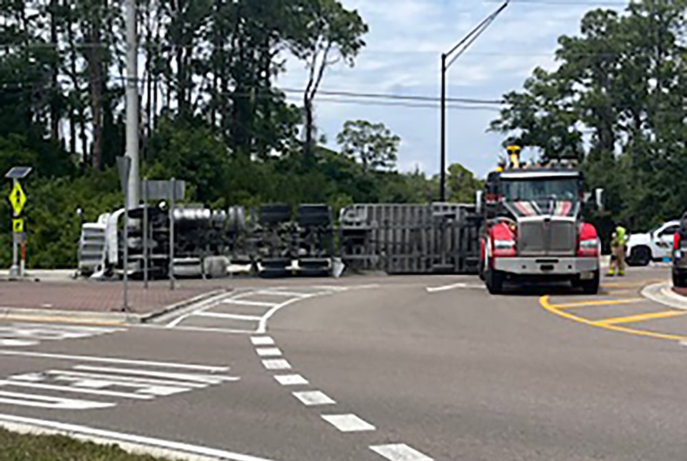 Truck carrying shell material crashes at Bee Ridge Road and Aberdeen Drive