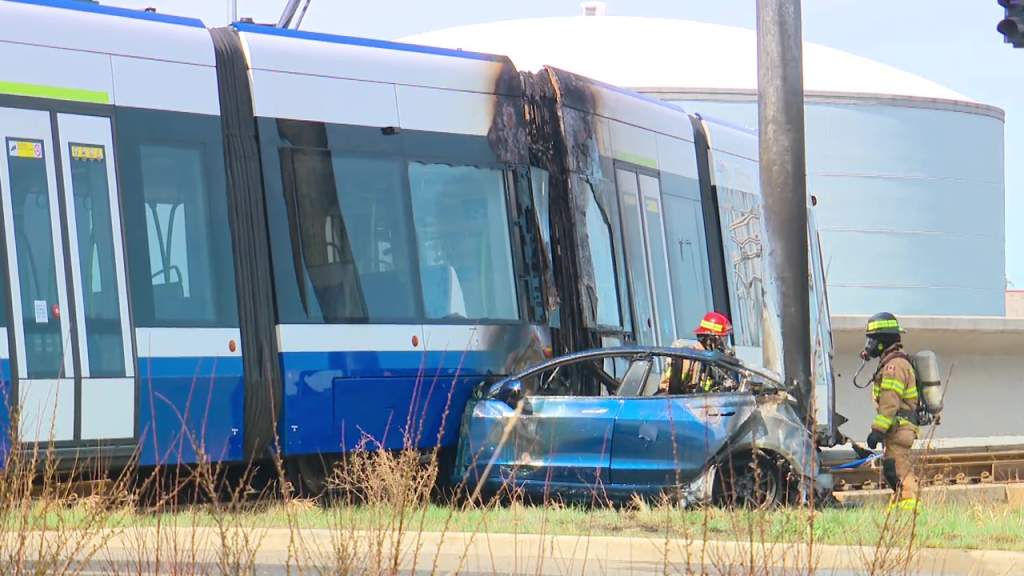 Fiery collision between Tesla and Valley Line LRT sends 1 to hospital ...