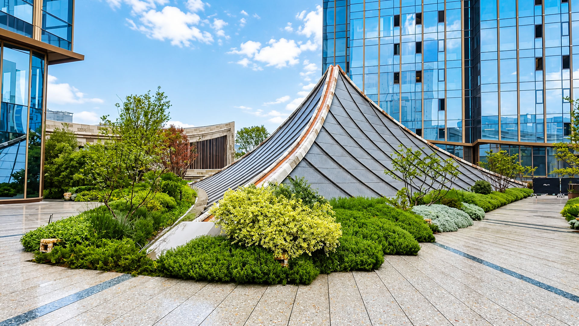 This rooftop garden creates a calm space above busy city streets below