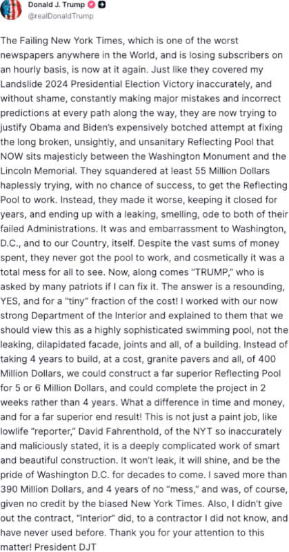 Jaw-dropping cost of Trump's Lincoln Memorial Reflecting Pool makeover ...