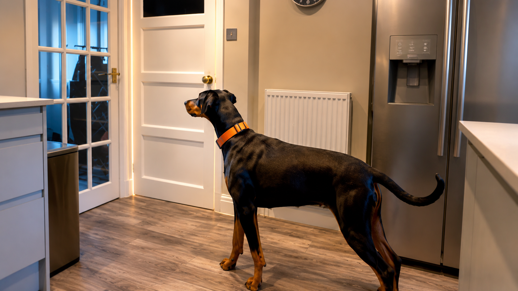 Doberman notices something strange in the kitchen