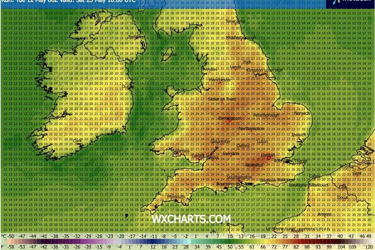 UK weather maps show Gloucestershire facing 25C heatwave in May