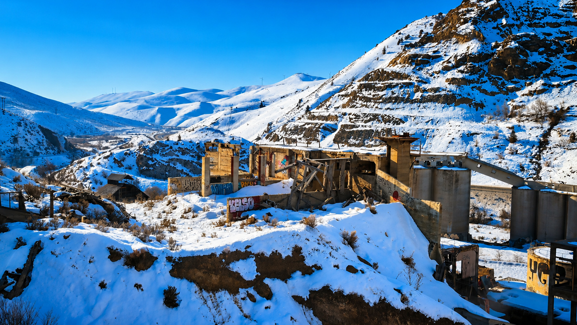 Snow covered valley holding the remains of the past