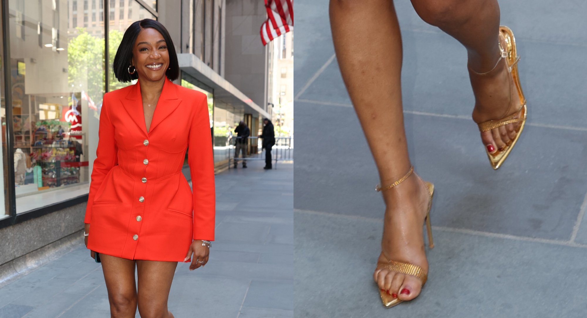 Tiffany Haddish Continues Her Metallic Shoe Streak With Gold Sandals