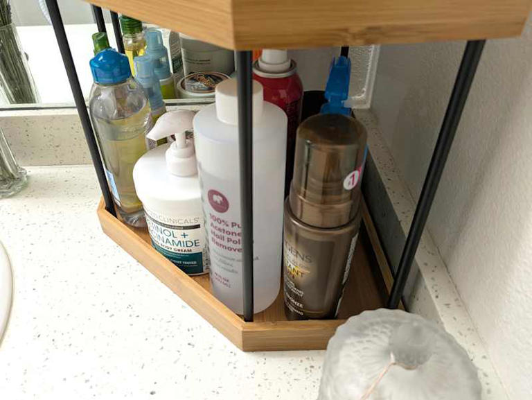 I put a $25 IKEA wood kitchen organizer in my bathroom (it's so smart!)