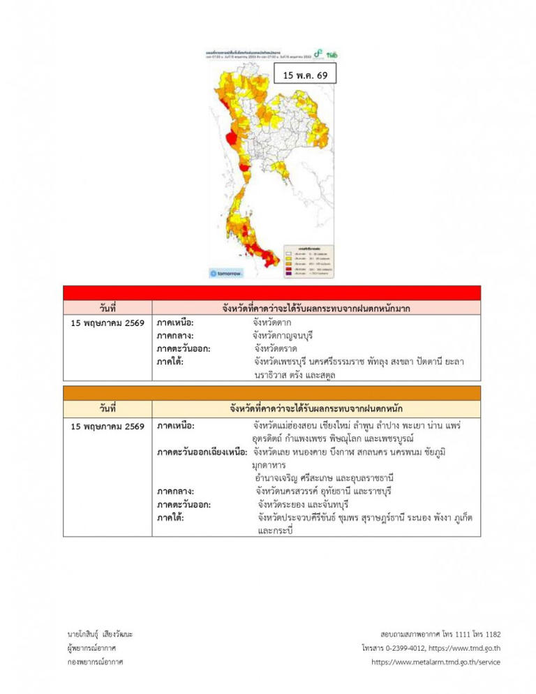 รายชื่อจังหวัดพื้นที่สีแดง เจอฝนตกหนักถึงหนักมาก 14–18 พ.ค. 69