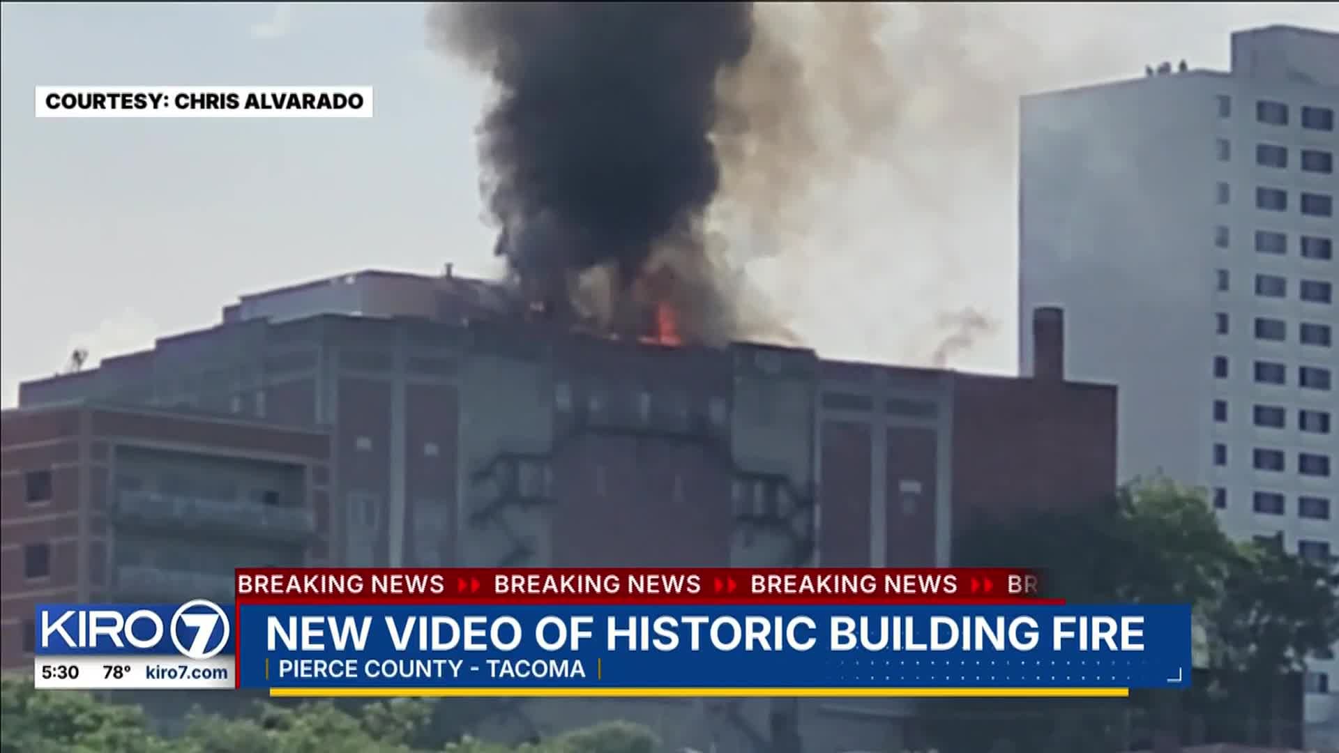 Crews respond to fire on roof of Temple Theatre in Tacoma