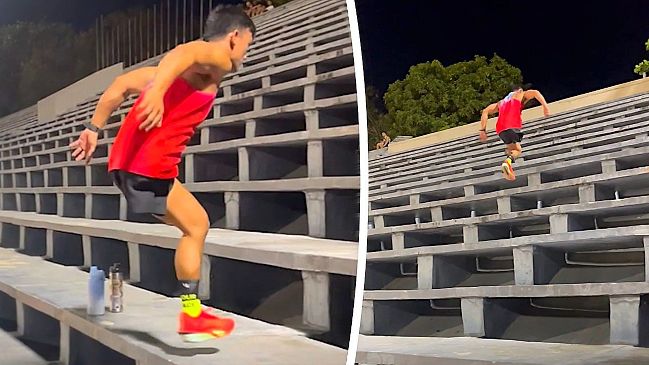 One-legged athlete powers up stadium steps during intense training