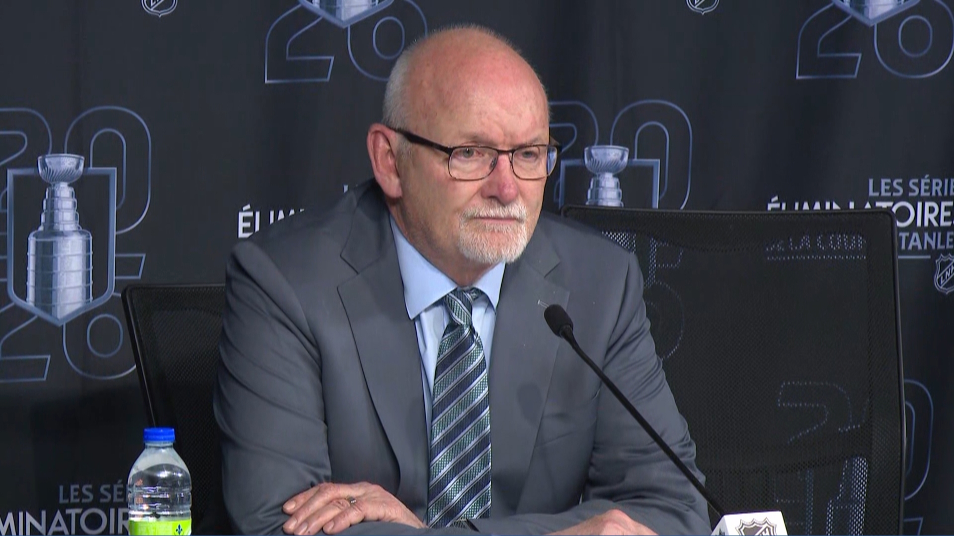 Lindy Ruff speaks to the press following Game 5 win in Montreal