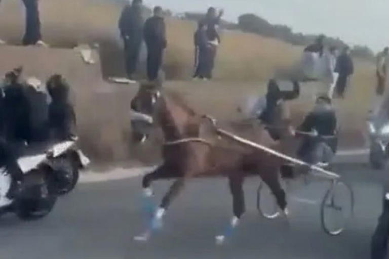 Mafia goons fire AK-47s from scooters in sick horse racing video