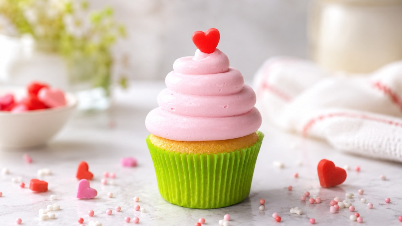Roze cupcake met hartjes topping