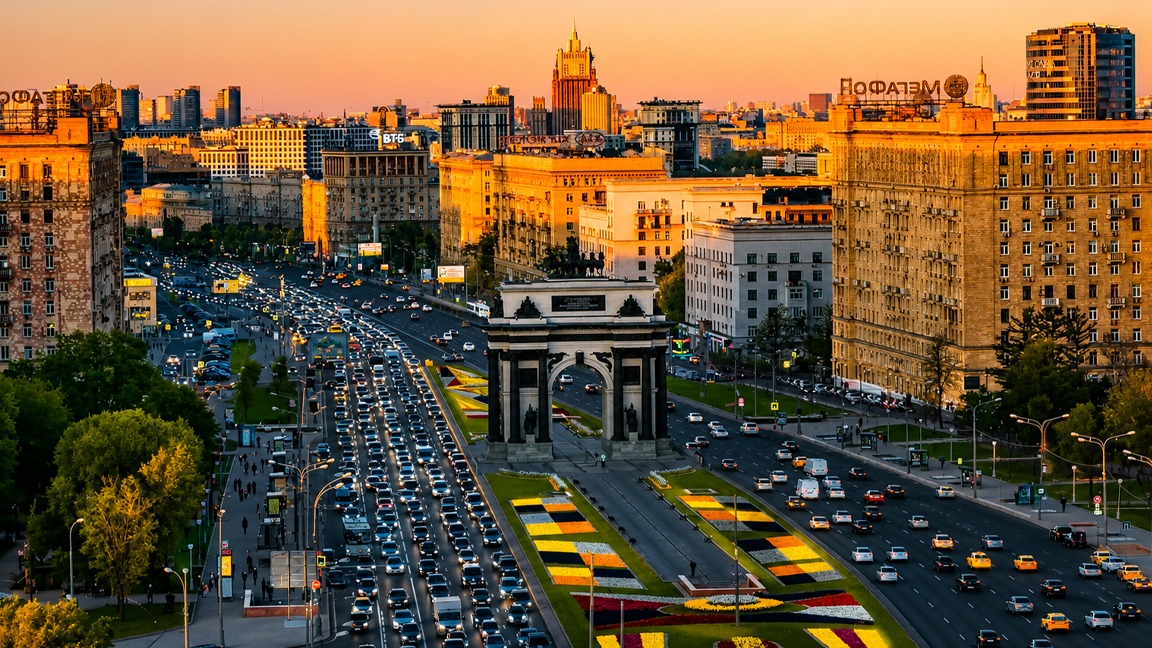 Busy city streets seen from above at dusk