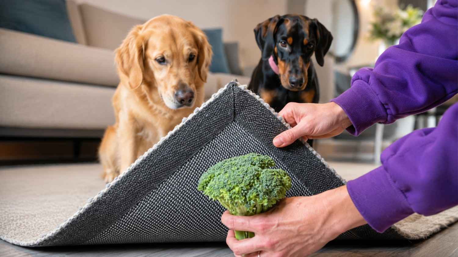 Golden retriever and Doberman face a treat challenge