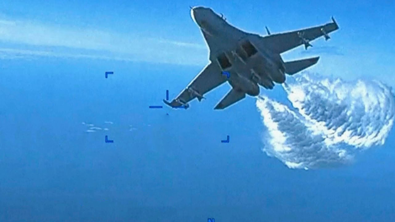 Video shows Russian jet dumping fuel on US drone over Black Sea