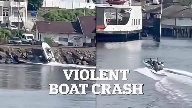 Scary moment unconscious boater crashes into stones in Washington