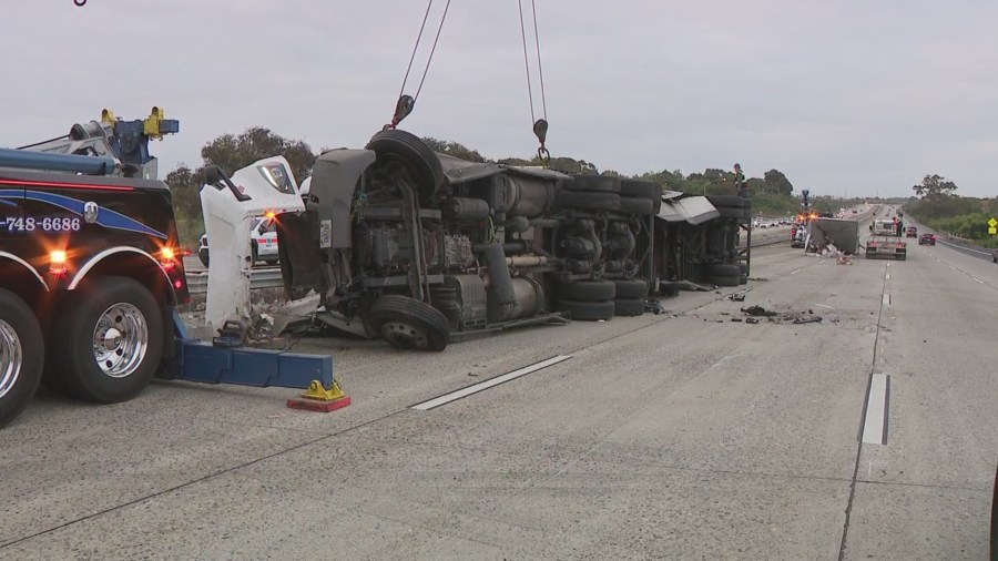 Semi truck rollover shuts down multiple lanes on I-5 near Camp Pendleton