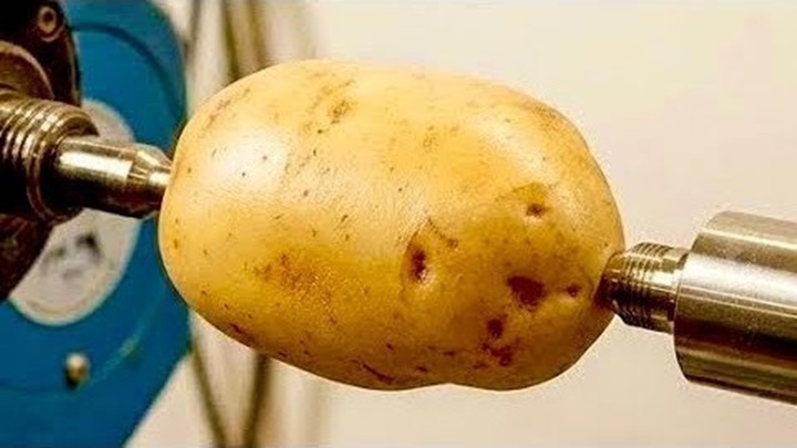 Watch what happens when a potato hits full speed on the lathe