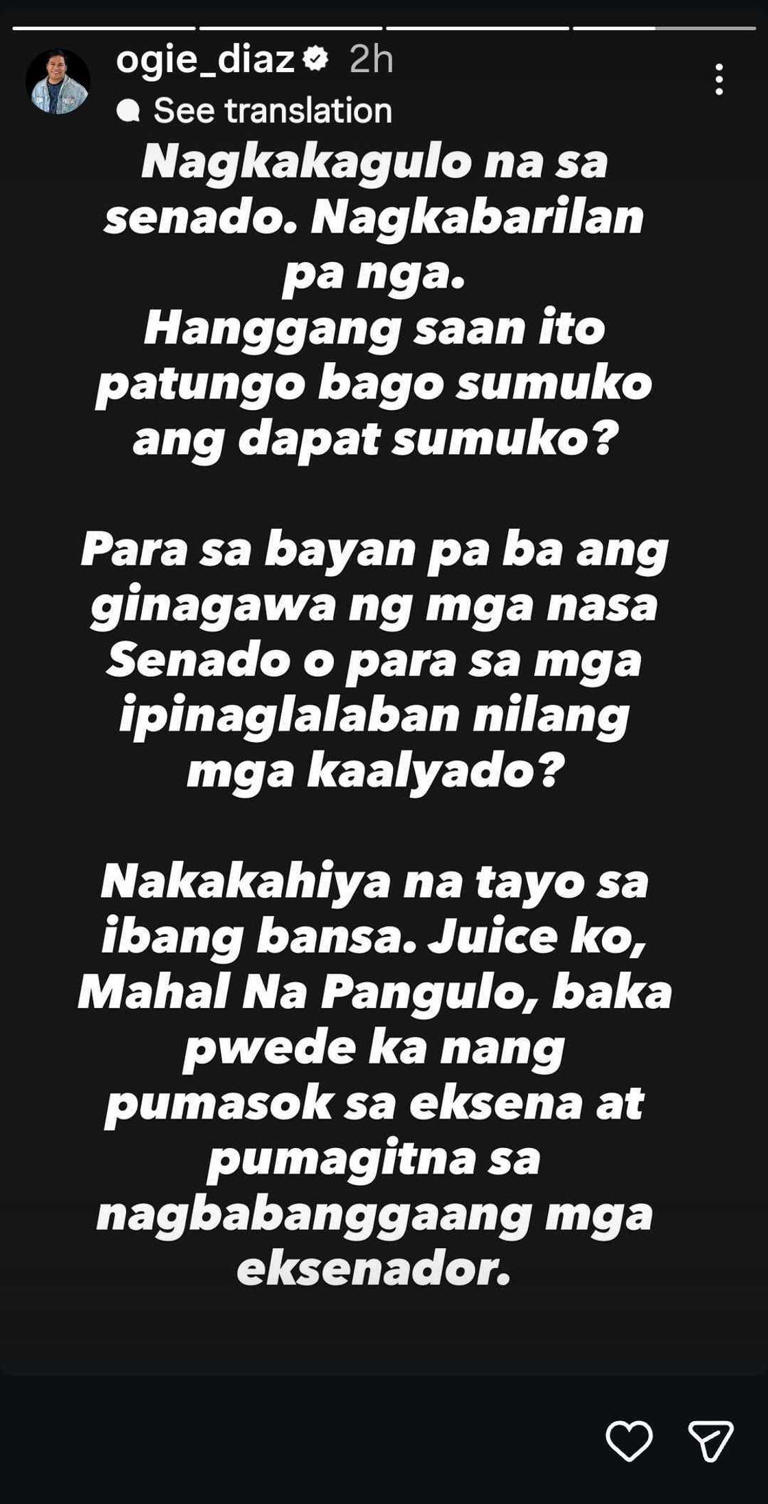Ogie Diaz, nag-react sa putukan sa Senado; may mensahe para kay ...