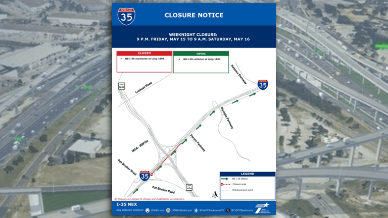 Overnight road closure: Northbound I-35 main lanes at Loop 1604