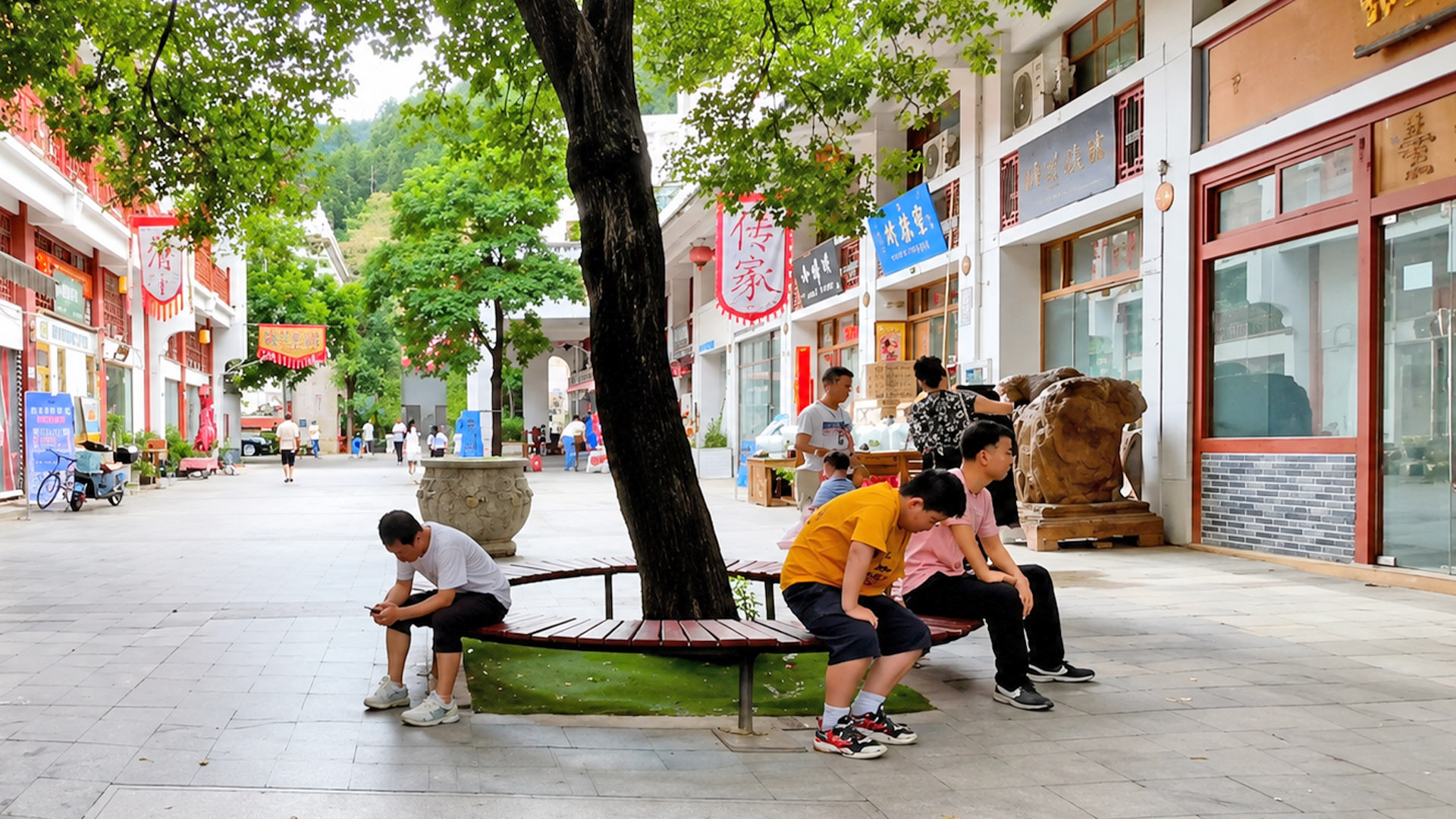 Public rest areas shape daily social life across Chinese market streets