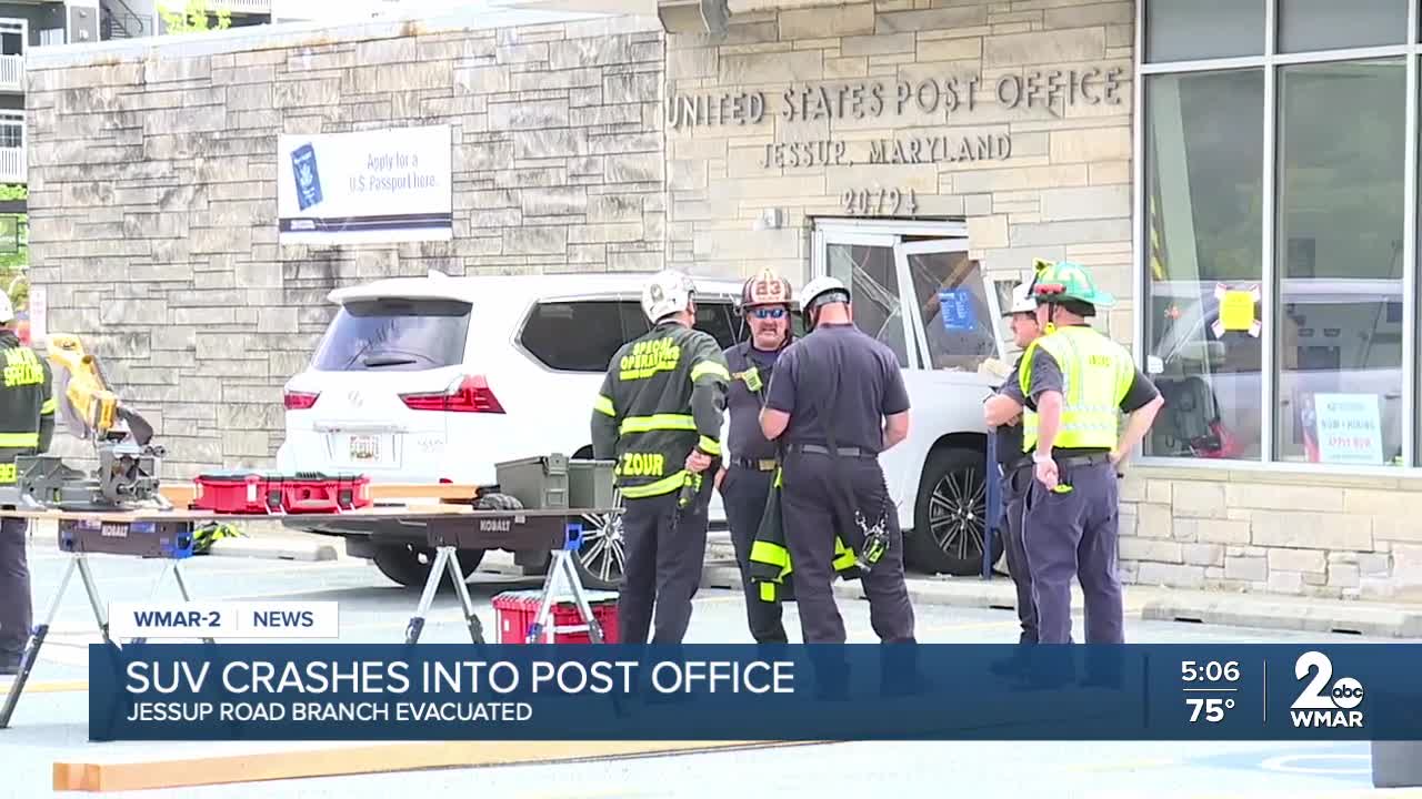 Jessup Post Office evacuated after SUV crashes through