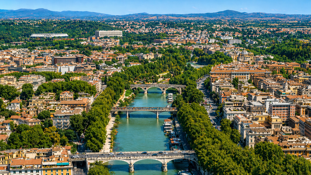 Rome cityscape flowing along the Tiber River