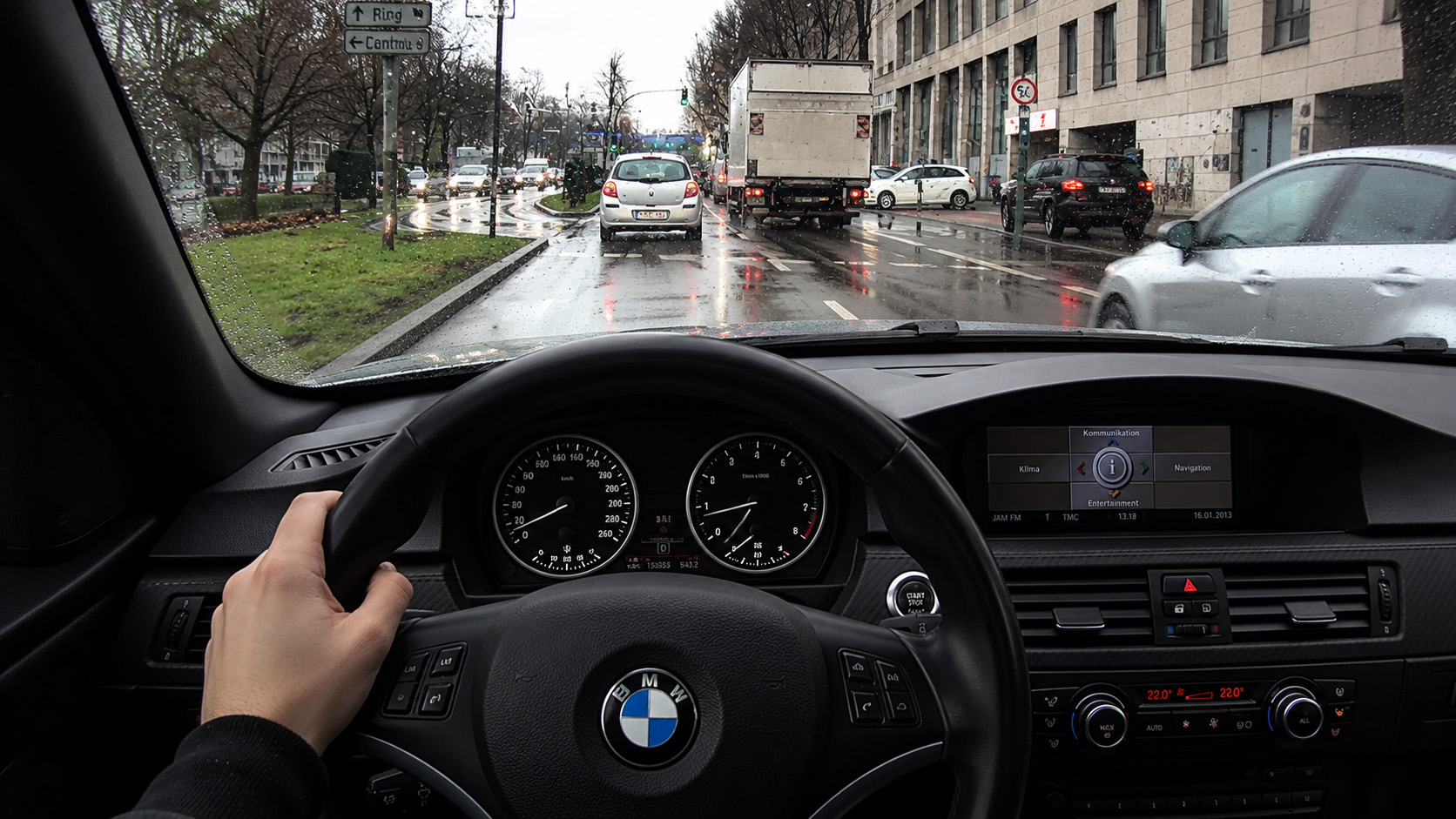 BMW M3 rainy city drive captures acceleration and onboard sound
