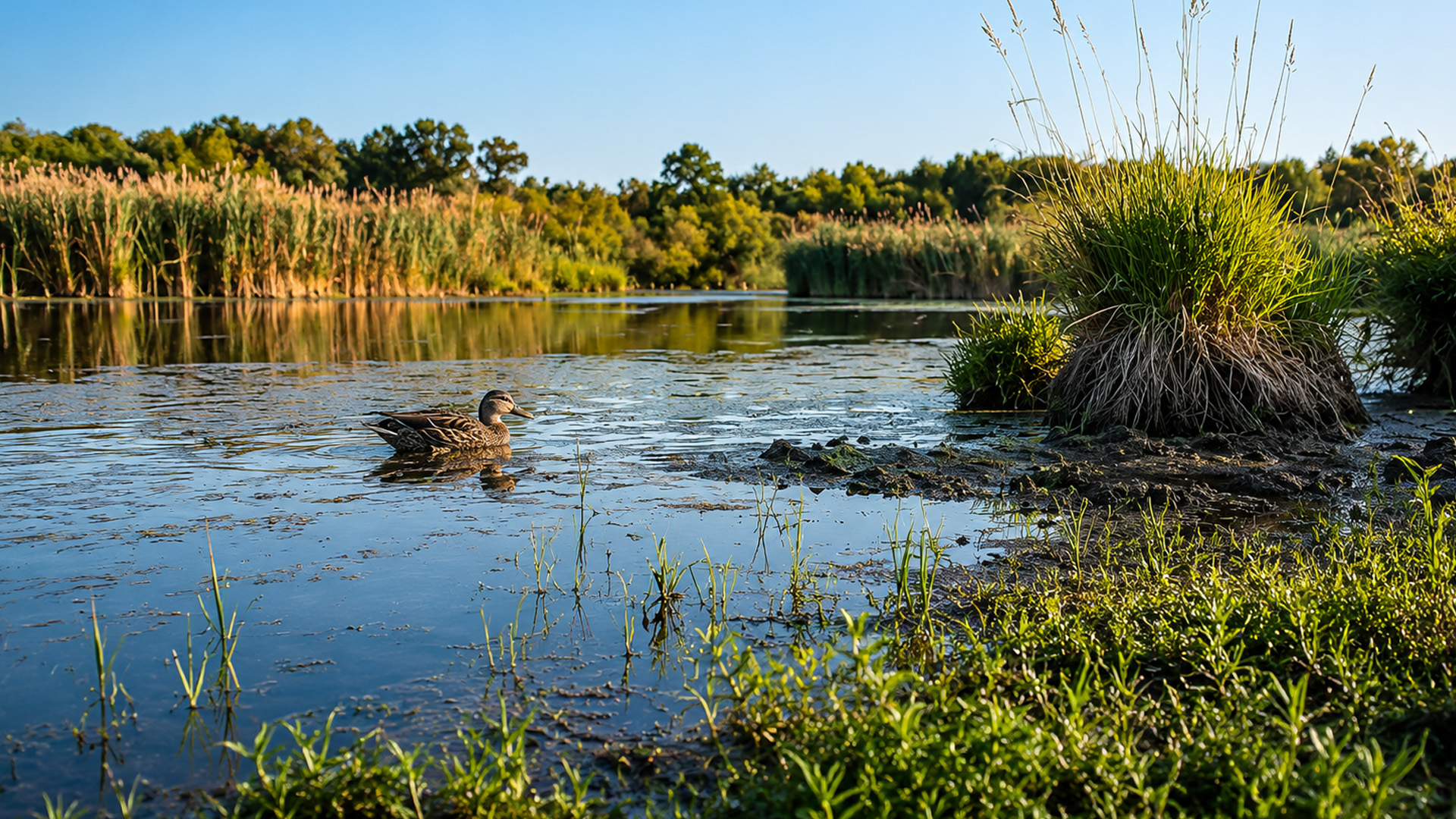 Hidden camera shows wild duck exploring a natural wetland habitat