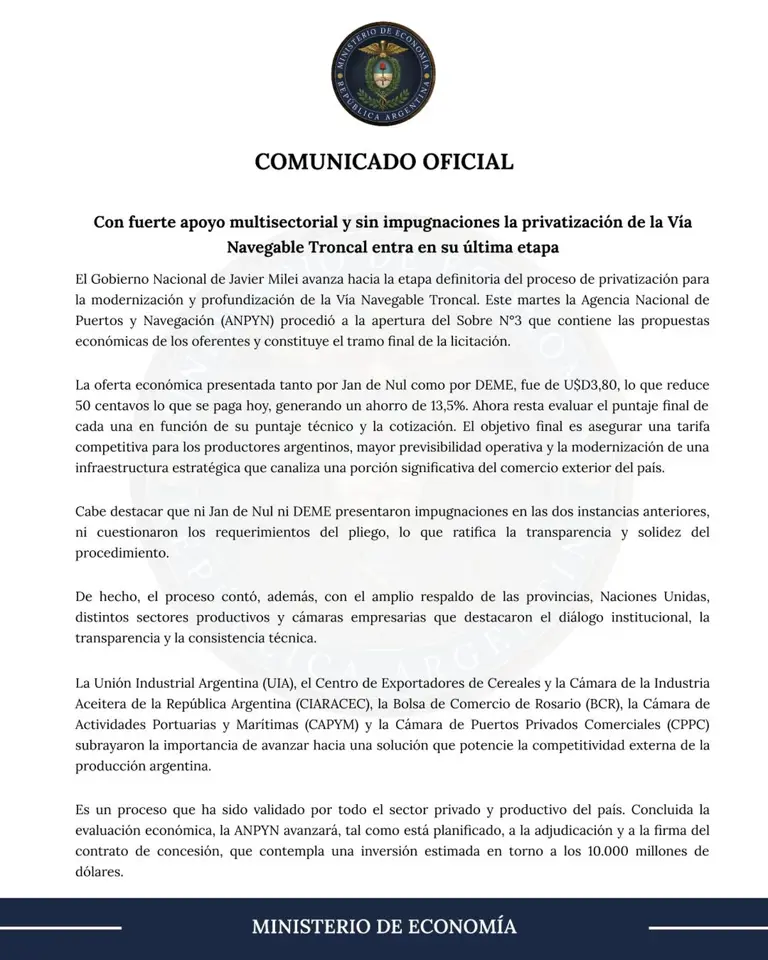 Hidrovía: las dos empresas presentaron la misma oferta tarifaria y el ...