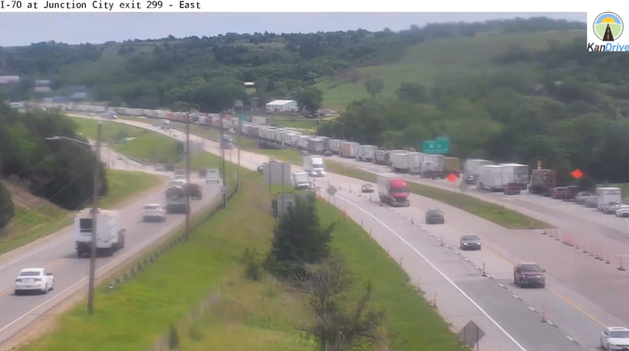 Highway traffic backed up on I-70 east near Junction City