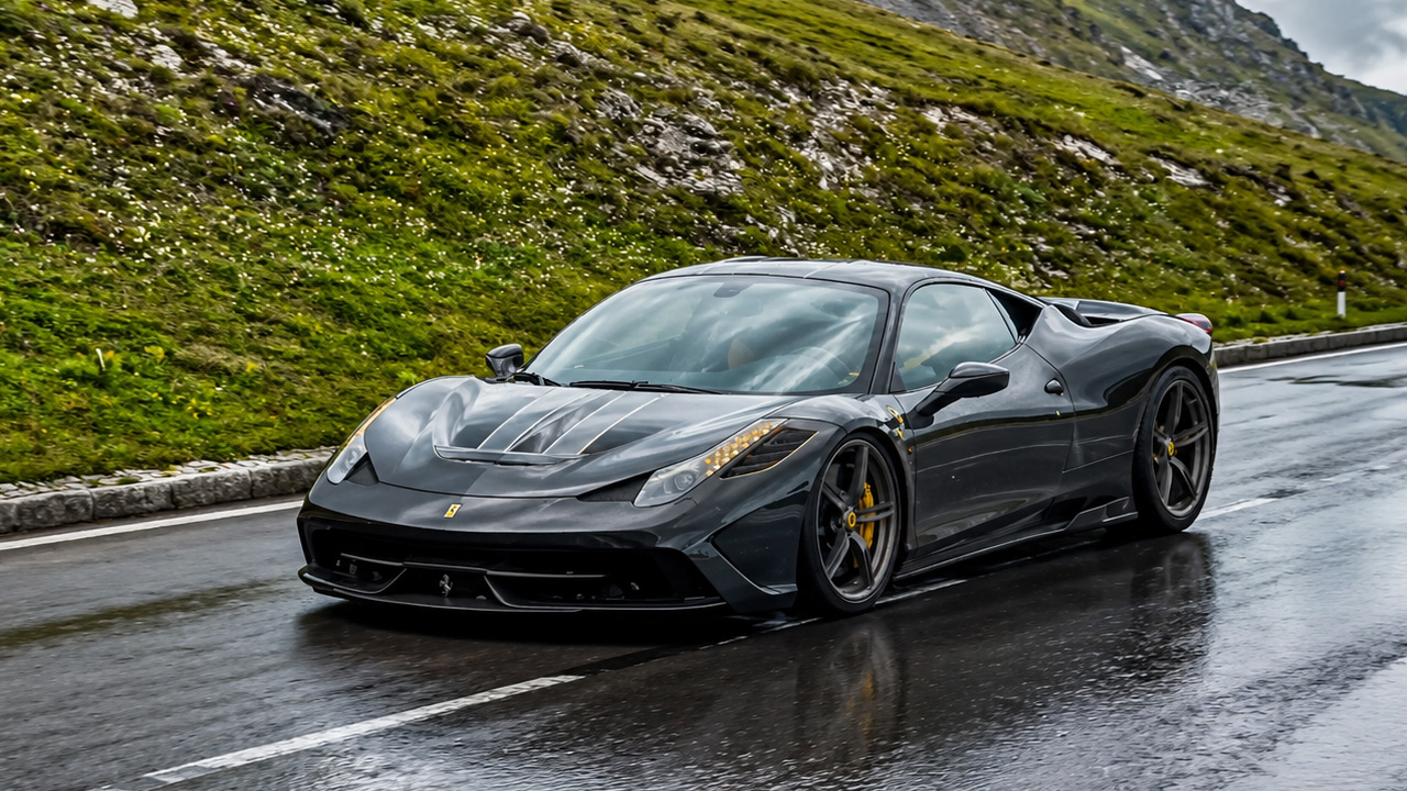 Ferrari 458 and Porsche GT3 drift a wet mountain pass