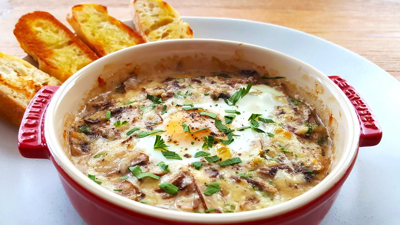 Creamy mushroom baked eggs: Easy single-serve breakfast in a toaster oven!