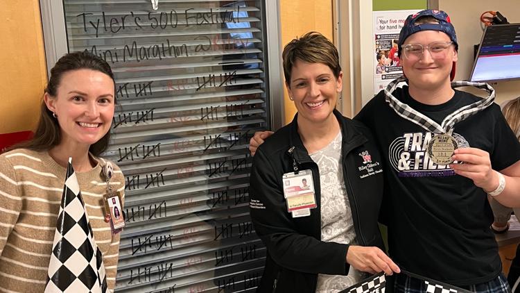 Riley kid battling cancer completes mini-marathon in hospital hallways