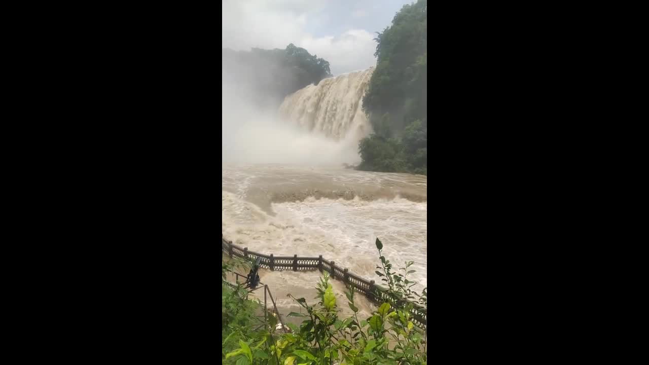 Huangguoshu Waterfall surges after extreme flooding in Guizhou, China