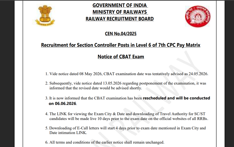 RRB section controller CBAT exam date announced: Check complete details ...
