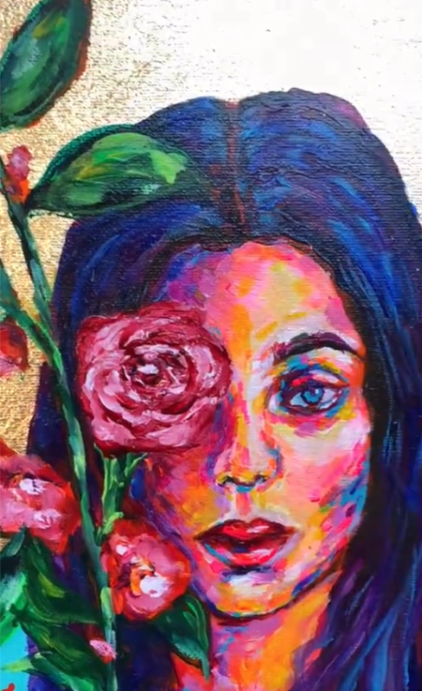 New acrylic painting finished elegant portrait with gold leaf details