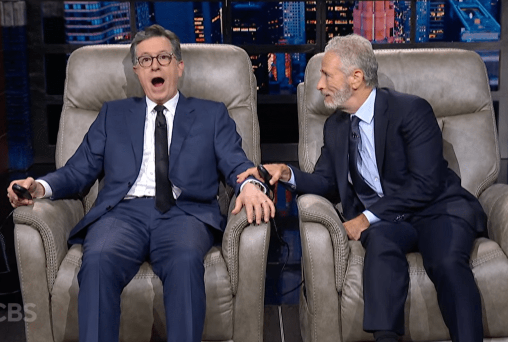 Jon Stewart surprises Stephen Colbert with a serenade from Andra Day