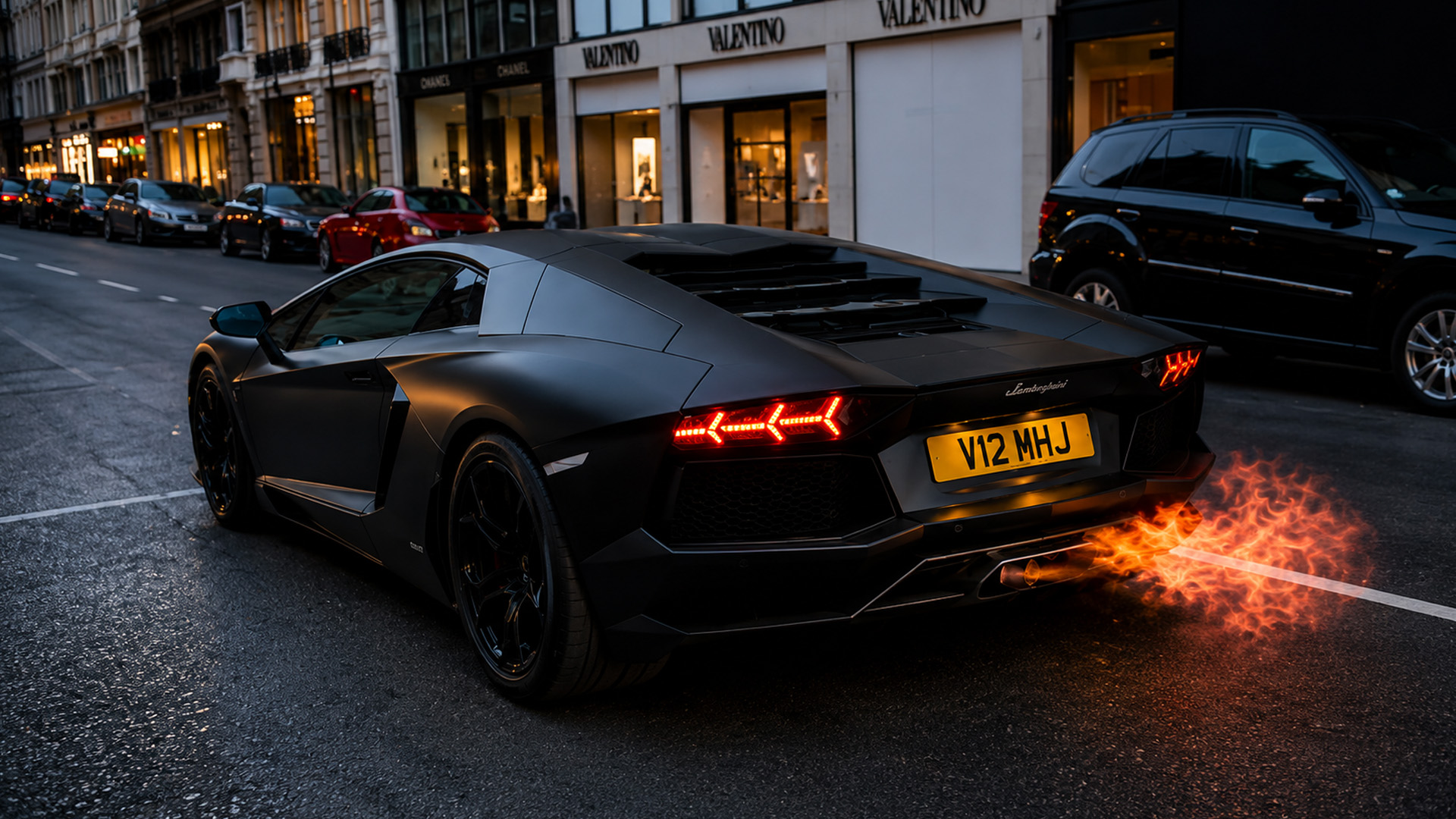 Matte black Lamborghini Aventador shoots flames in London