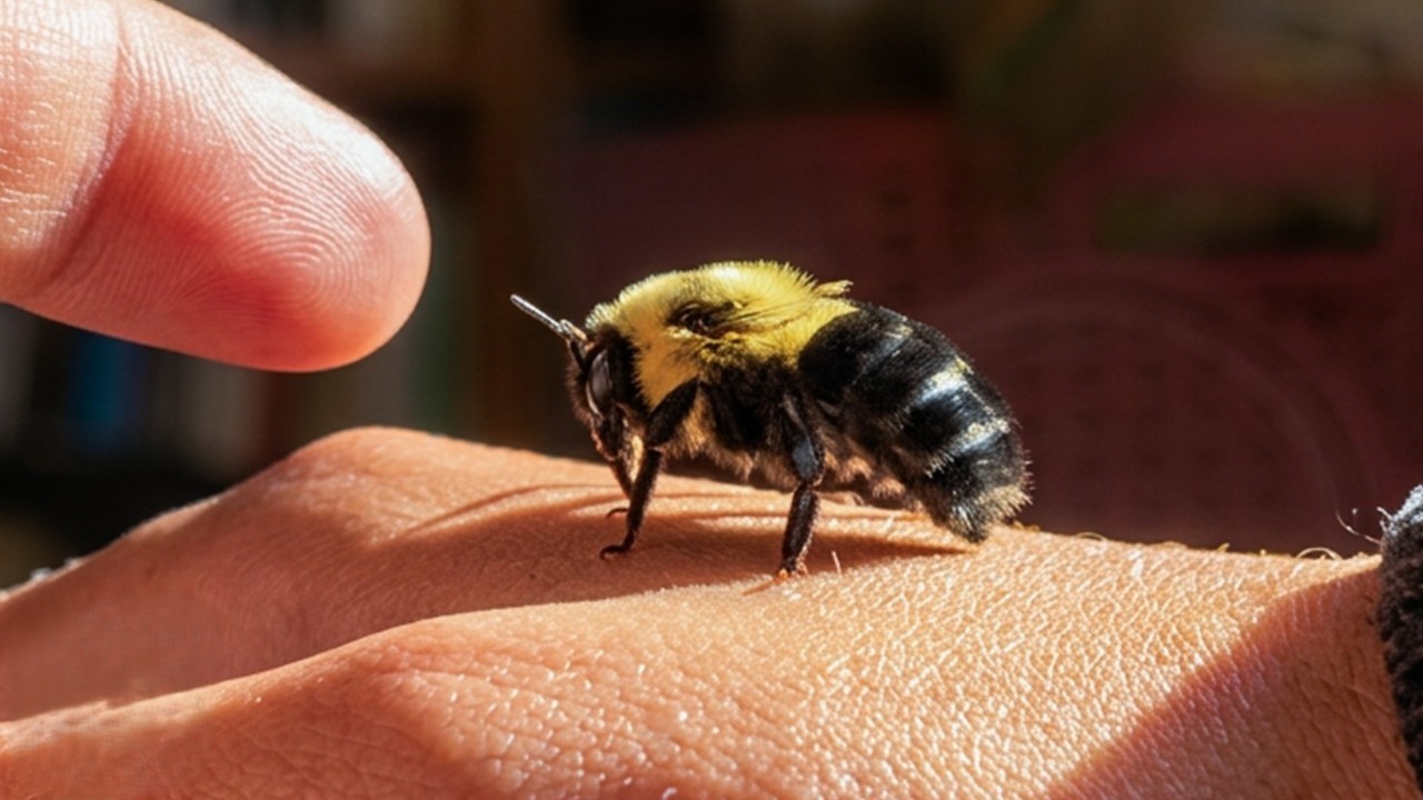 Tiny bumblebee bonds with her rescuer and never leaves her side