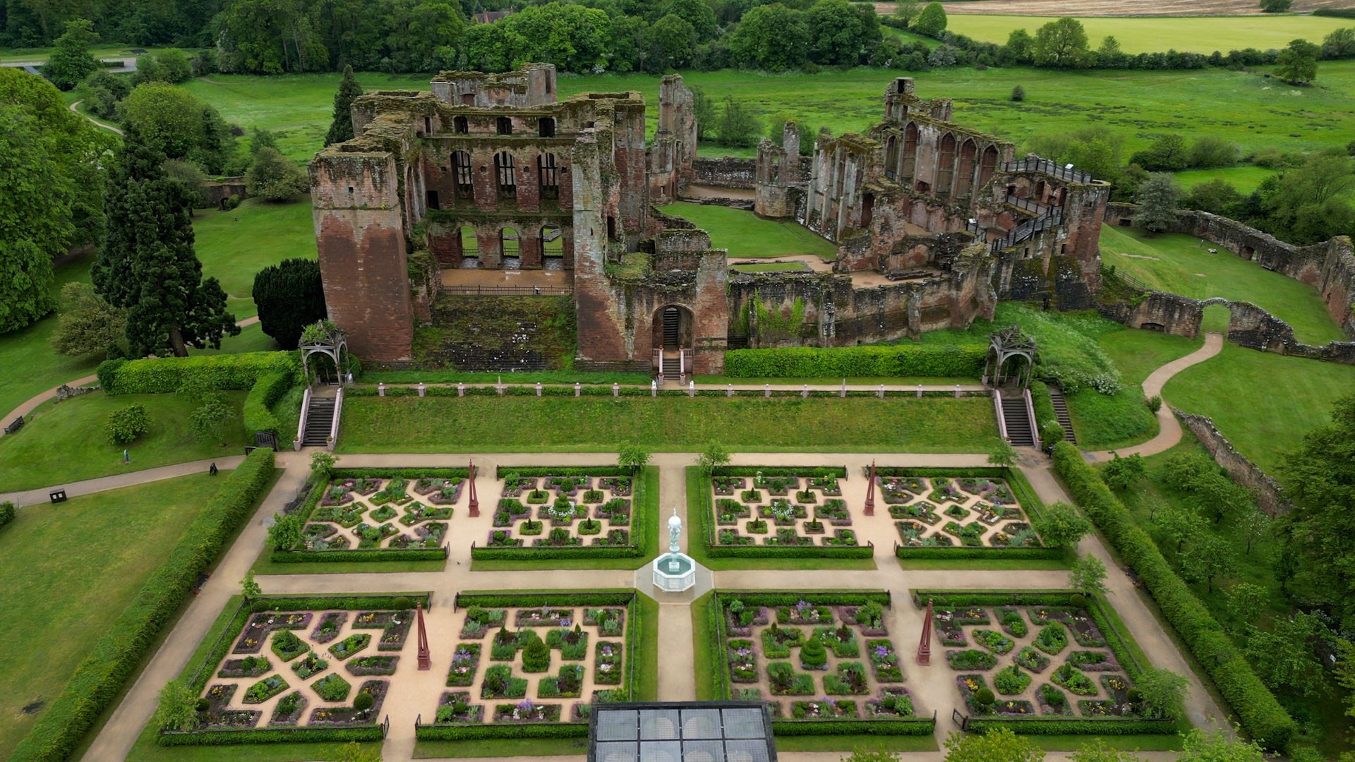 Historic Elizabethan gardens at Kenilworth Castle in bloom