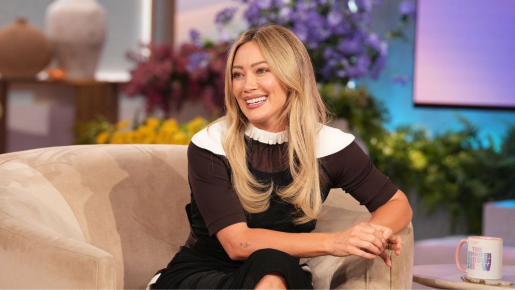 Hilary Duff's Tory Burch color block dress is strategically see-through